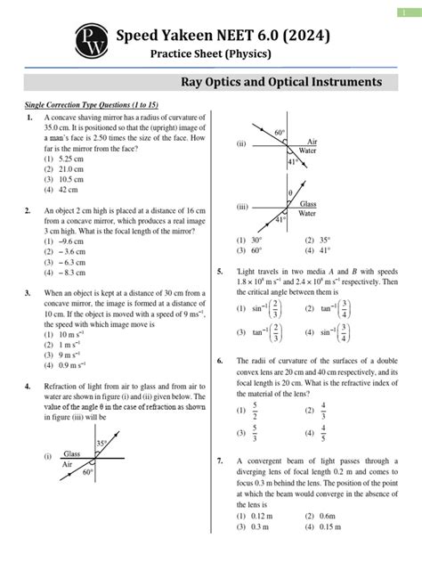 Ray Optics And Optical Instruments Practice Sheet Yakeen Neet 6 Pdf Rainbow Optics