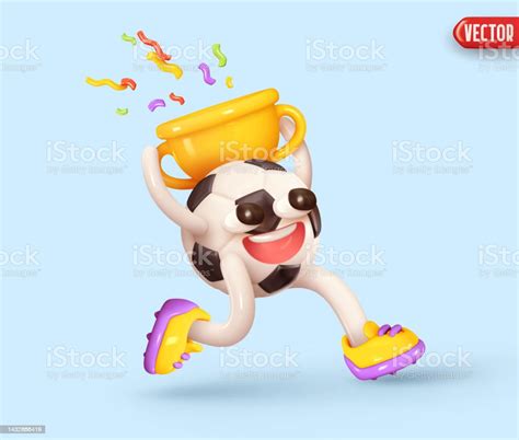 캐릭터 황금 트로피와 행복한 축구 공 축구 승리 축하 스포츠 요소 게임으로 창의적인 개념 배경 현실적인 3d 디자인 객체 만화 스타일 벡터 일러스트 레이 션 축구에 대한
