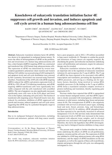 Pdf Knockdown Of Eukaryotic Translation Initiation Factor 4e Suppresses Cell Growth And