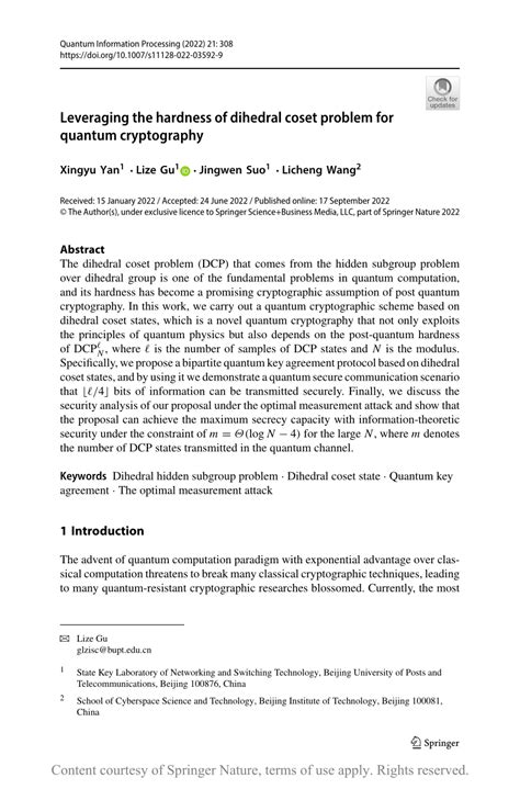 Leveraging The Hardness Of Dihedral Coset Problem For Quantum Cryptography Request Pdf