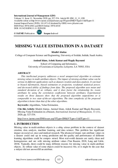 Pdf Missing Value Estimation In A Dataset