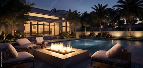 A Contemporary Luxury Backyard Featuring A Pool With A Perimeter Of