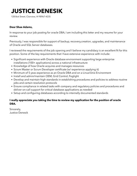 Oracle DBA Cover Letter Velvet Jobs