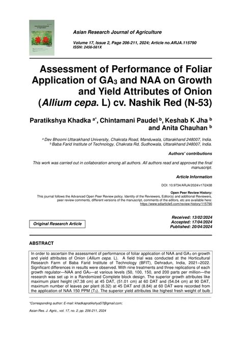 Pdf Assessment Of Performance Of Foliar Application Of Ga3 And Naa On Growth And Yield