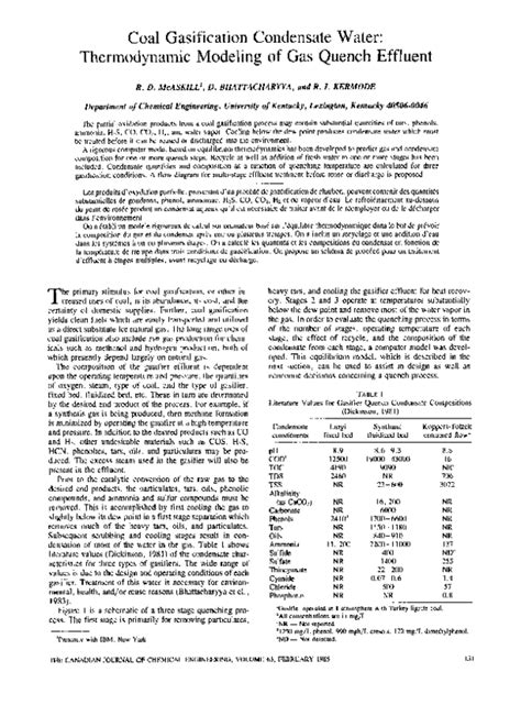 Pdf Coal Gasification Condensate Water Thermodynamic Modeling Of Gas Quench Effluent