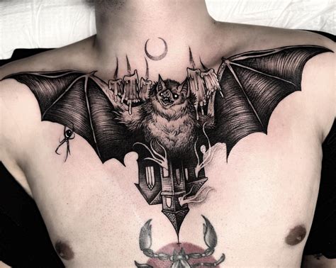 Realistic Bat Chest Tattoo