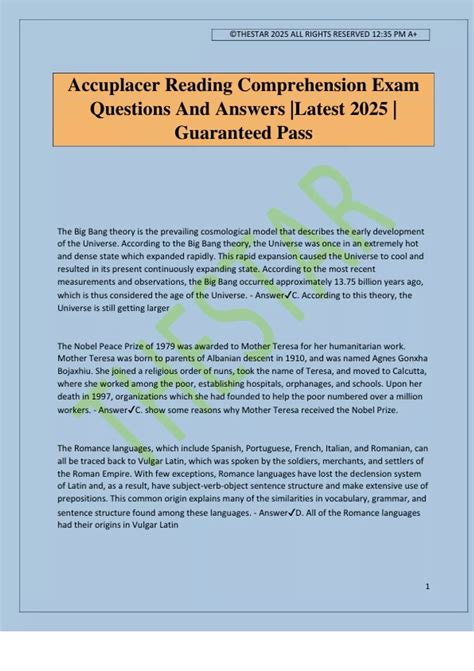 Accuplacer Reading Comprehension Exam Questions And Answers Latest
