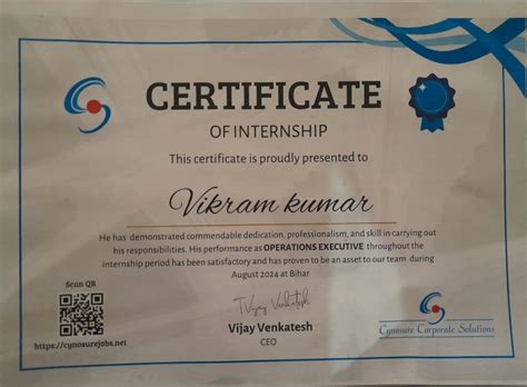 Completed One Month Internship In Operations At Cynosure Corporate Solution Vikram Kumar