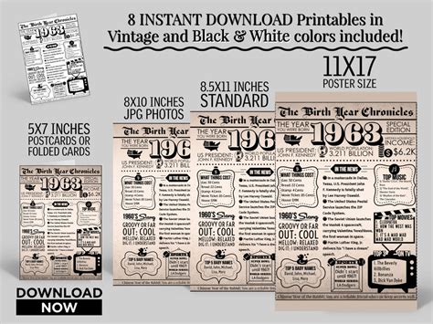 1963 Printable Vintage Newspaper Year You Were Born Birthday Bundle