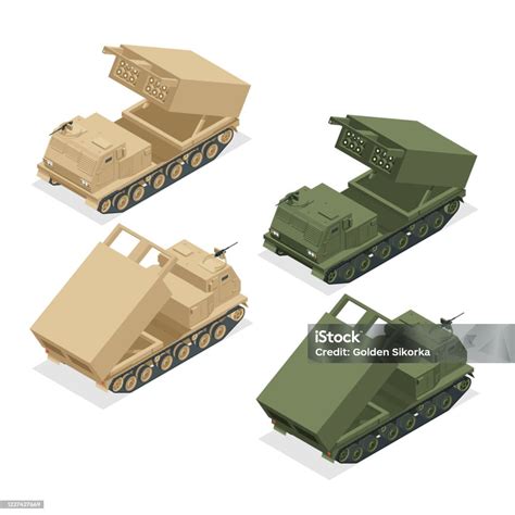 등각 투영 다중 로켓 발사기 아이콘은 흰색에 격리 설정 다중 발사 로켓 시스템은 장갑 자체 추진 여러 로켓 발사기 로켓 포병의 일종이다 육군 군사에 대한 스톡 벡터 아트 및