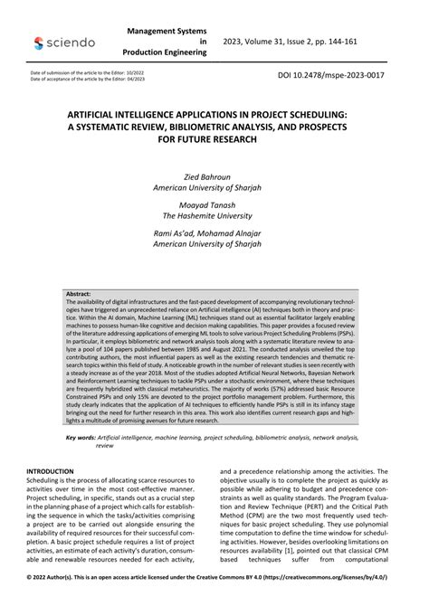 Pdf Artificial Intelligence Applications In Project Scheduling A Systematic Review