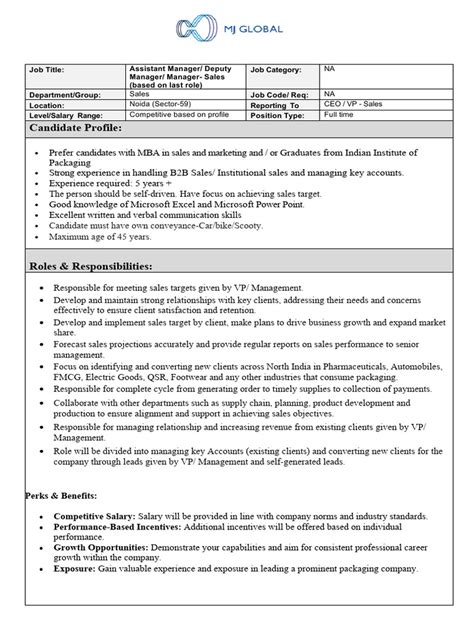 Mj Global Sales Manager Job Description 1 Pdf Sales Business