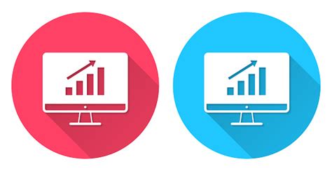 데스크톱 컴퓨터에서 차트가 증가하고 있습니다 빨간색 또는 파란색 배경에 긴 그림자가 있는 둥근 아이콘 개념에 대한 스톡 벡터 아트 및 기타 이미지 Istock