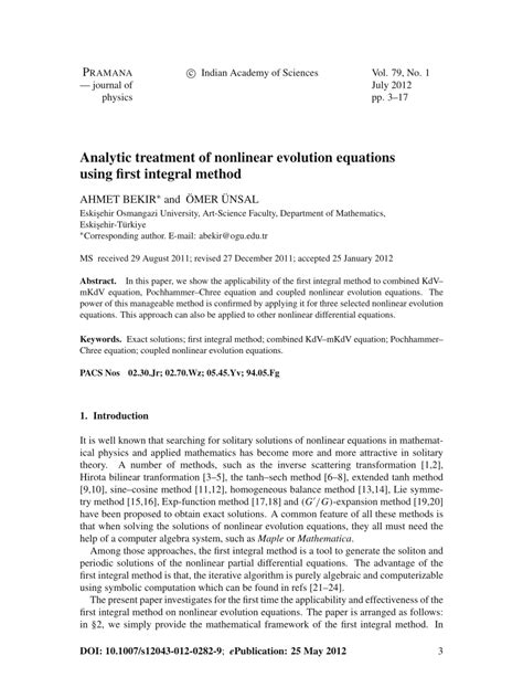 Pdf Analytic Treatment Of Nonlinear Evolution Equations Using First Integral Method