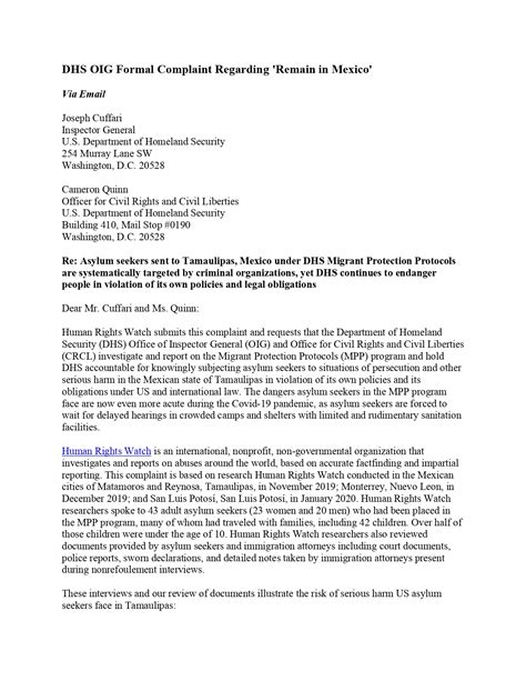 Dhs Oig Formal Complaint Regarding Remain In Mexico Fundación Para