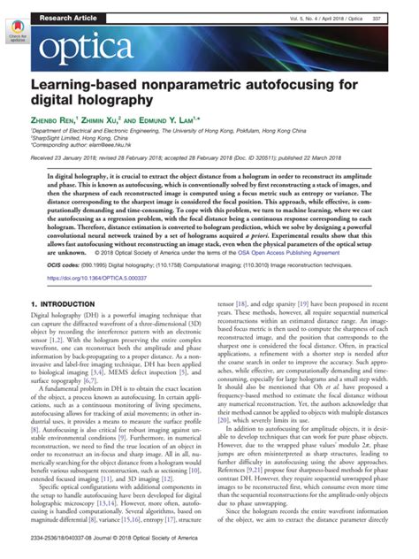 Learning Based Nonparametric Autofocusing For Digital Holography Pdf Holography Support