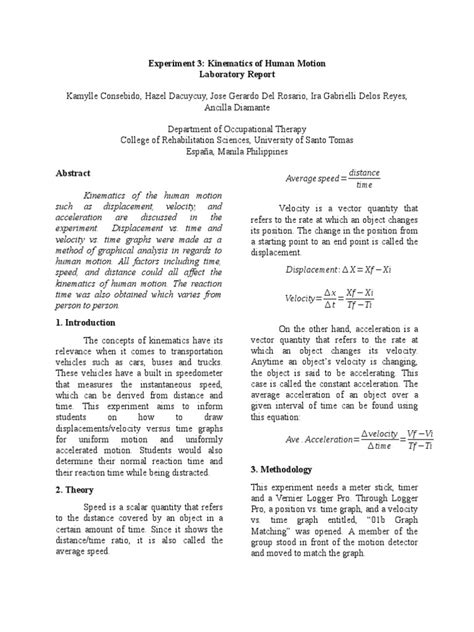 Experiment 3 Kinematics Of Human Motion Laboratory Report Pdf Velocity Acceleration