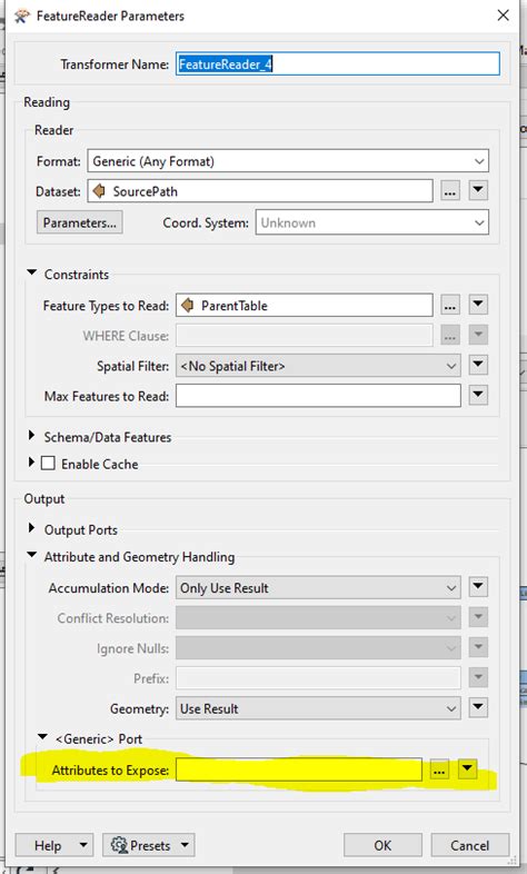 dynamically set attributes to expose in feature reader parameters
