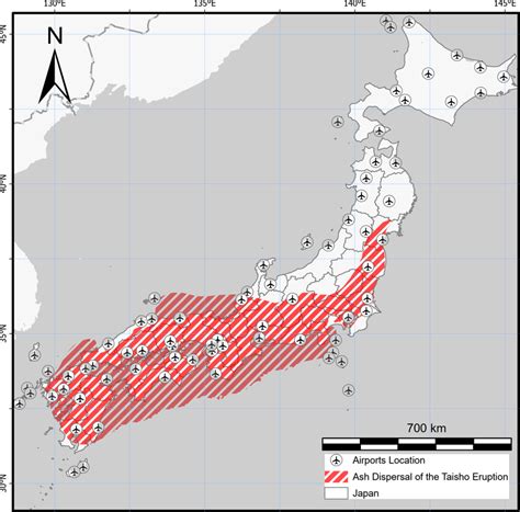 Transformed Ash Dispersal Map Using Arcgis Software With Airport Icons Download Scientific