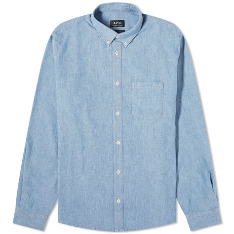 Apc Edouard Chambray Button Down Logo Shirt Indigo End Gb