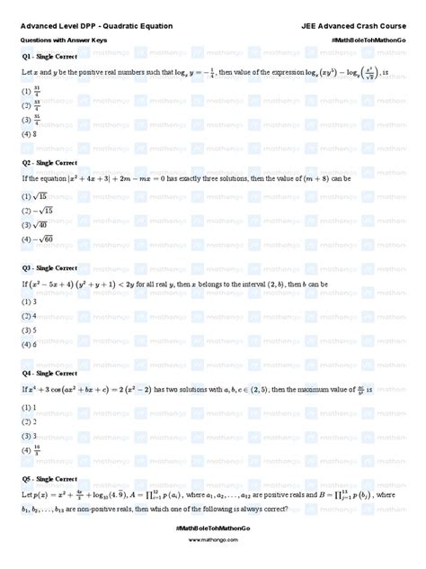 Advanced Level Dpp Quadratic Equation Jee Advanced Crash Course Pdf Zero Of A Function