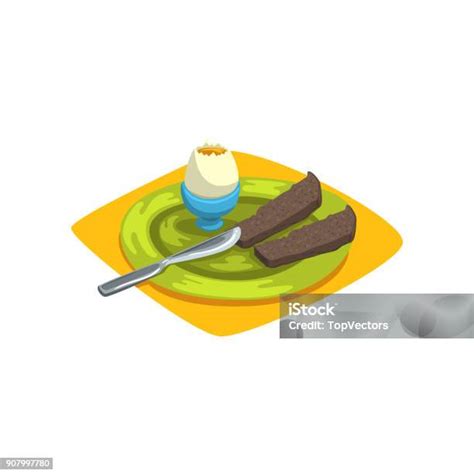 파란 달걀 컵과 녹색 접시에 호 밀 빵 두 조각에 신선한 계란 서 건강 한 아침 식사입니다 안녕하세요 개념입니다 만화 평면 벡터 디자인 건강한 식생활에 대한 스톡 벡터 아트