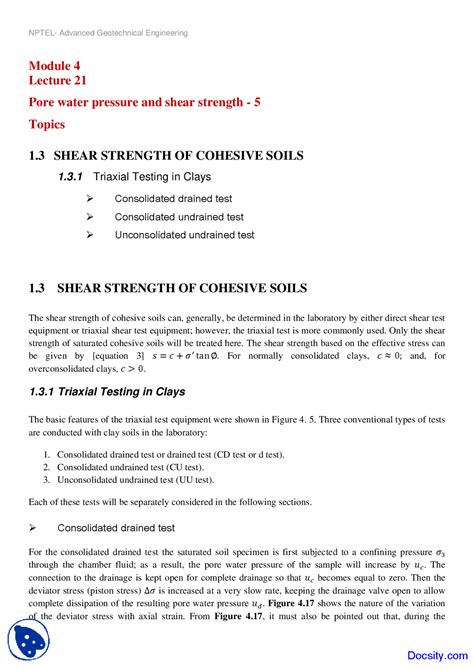 Triaxial Testing In Clays Advance Geotechnological Engineering Lecture Notes Docsity