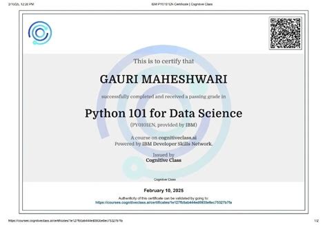 Python Datascience Ibm Cognitiveclass Learning Certification Gauri Maheshwari