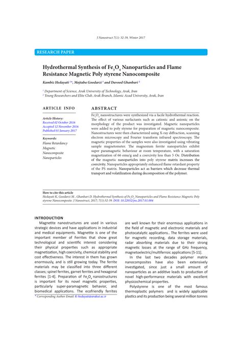 Pdf Hydrothermal Synthesis Of Fe3o4 Nanoparticles And Flame Resistance Magnetic Poly Styrene