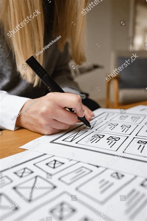 Woman Designer Create Website Design Wireframe Sketch Prototype Framework Layout Future