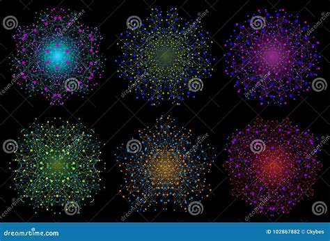 Vector Colorful Bright Lattice Shape Molecular Structure With Lines And Dots Background Set