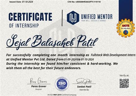 Internship Fullstackdeveloper Webdevelopment Unifiedmentor Grateful Learningjourney