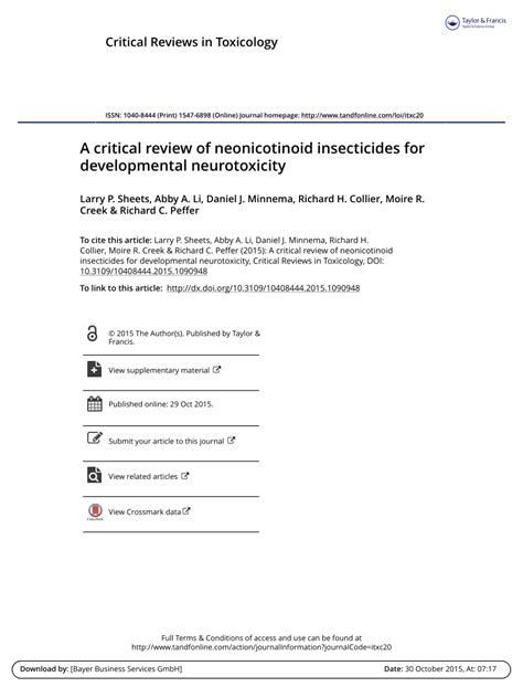 Pdf A Critical Review Of Neonicotinoid Insecticides For Developmental Neurotoxicity