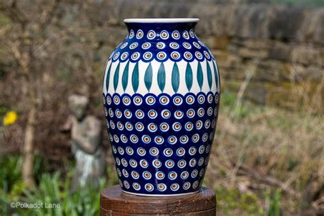 Vase Peacock Leaf Pattern By Ceramika Manufaktura Polish Pottery Polkadot Lane