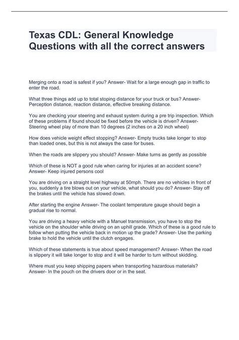 Texas CDL General Knowledge Questions With All The Correct Answers CDL Stuvia US