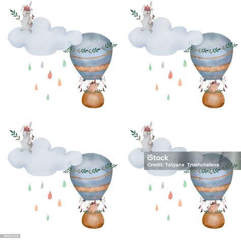 수채화 패턴 아기 열기구 파스텔 색상입니다 구름과 화려한 비가 있는 보헤미안 스타일의 토끼와 곰의 귀여운 그림 아동용 직물 및 아동용 방 디자인에 인쇄하기 위한 Kawaii