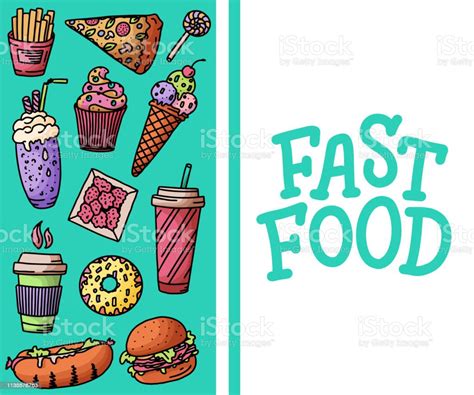 빈티지 일러스트 패스트 푸드 낙서 요소와 개념 디자인에 대 한 흰색 배경에 레터링 벡터 일러스트 레이 션 어떤 목적을 위해 0명에 대한 스톡 벡터 아트 및 기타 이미지
