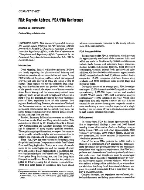 FDA Keynote Address PDA FDA Conference PDA Journal Of Pharmaceutical Science And Technology
