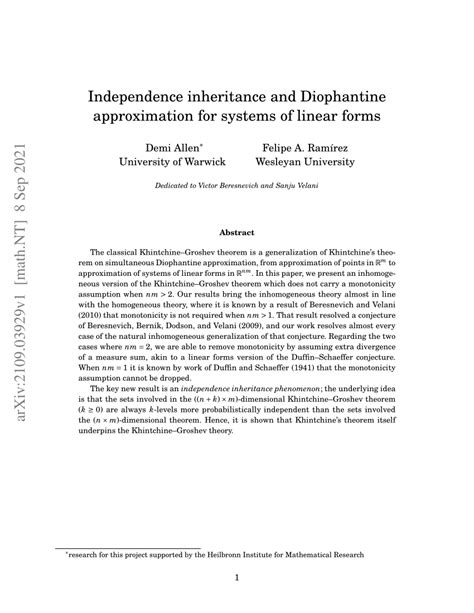 Pdf Independence Inheritance And Diophantine Approximation For