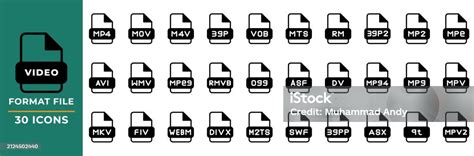 파일 형식 글리프 스타일로 설정된 비디오 아이콘입니다 파일 확장자 기호 모음입니다 벡터 일러스트 파일에 대한 스톡 벡터 아트 및 기타 이미지 Istock
