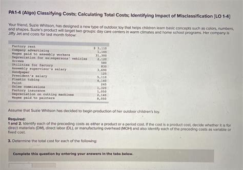 solved pa1 4 algo classifying costs calculating total