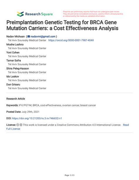 Pdf Preimplantation Genetic Testing For Brca Gene Mutation Carriers
