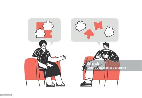 고객 및 심리학자 정신 건강 지원 사회 정신과 치료사 및 환자의 개념 스트레스 중독 및 정신 적 문제의 치료 벡터 일러스트레이션 Mental Wellbeing에 대한 스톡