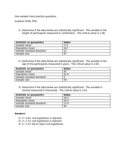 One Sample Ttest Practice Questions Pdf Science And Mathematics