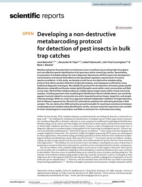 Pdf Developing A Non Destructive Metabarcoding Protocol For Detection Of Pest Insects In Bulk