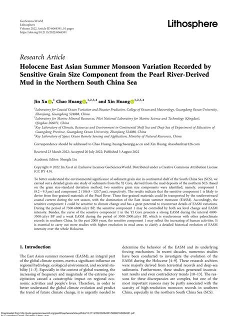 Pdf Holocene East Asian Summer Monsoon Variation Recorded By Sensitive Grain Size Component