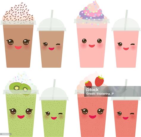 밀 짚과 휘 핑 크림 키 위 딸기 초콜릿 커피 테이크아웃 음료수 투명 플라스틱 컵 귀여운 눈과 미소 격리 흰색 바탕에 귀여운