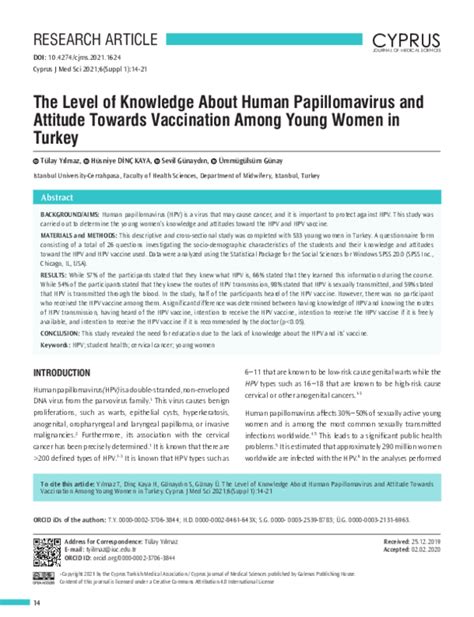Pdf The Level Of Knowledge About Human Papillomavirus And Attitude