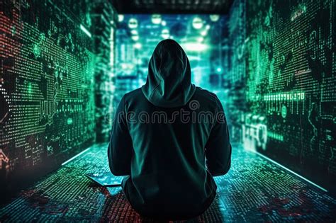 Back View Of A Hacker In The Process Of Hacking The Net Stock