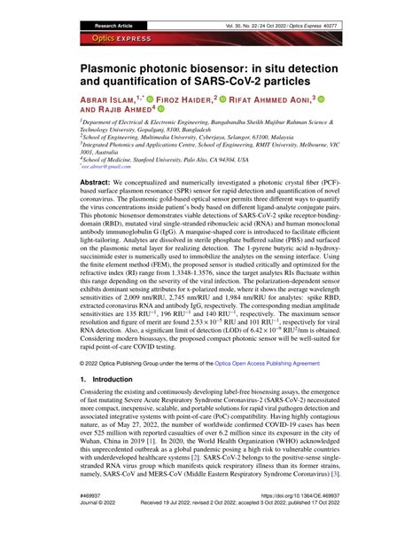 Pdf Plasmonic Photonic Biosensor In Situ Detection And Quantification Of Sars Cov 2 Particles